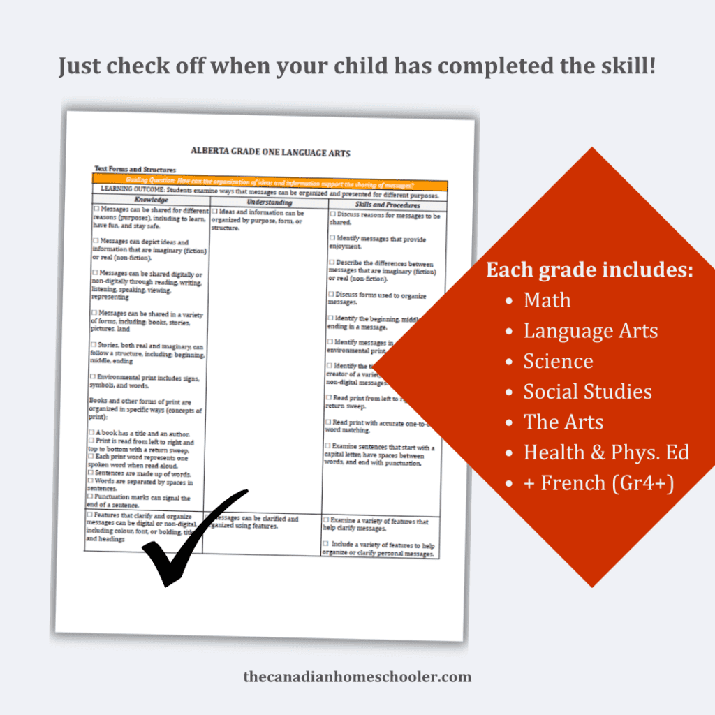 Alberta Checklist - Grade 1 - The Canadian Homeschooler Resources Shop