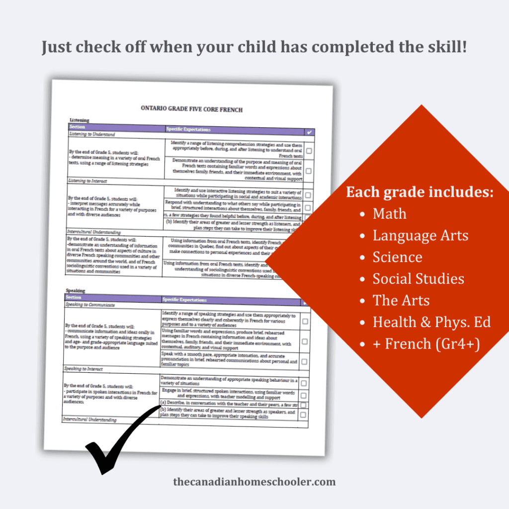 Ontario Checklist - Grade 5 - The Canadian Homeschooler Resources Shop
